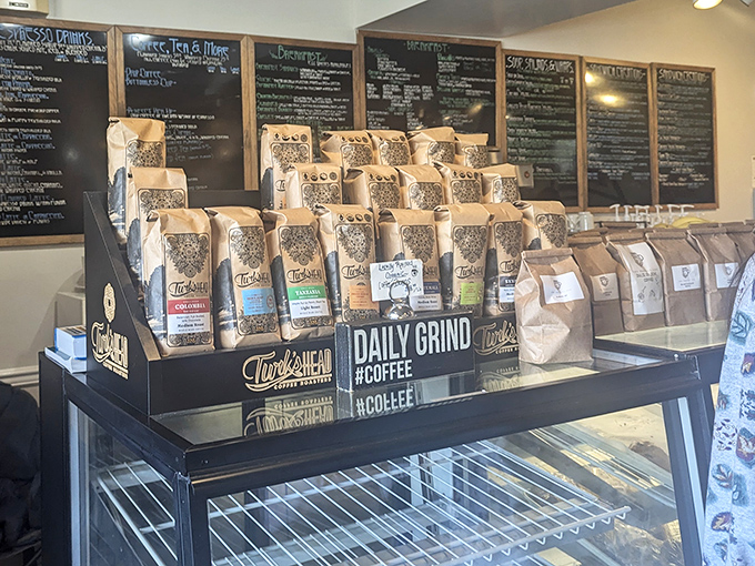 Bags of locally roasted beans stand at attention, ready to transform into liquid motivation for Delaware's early risers.