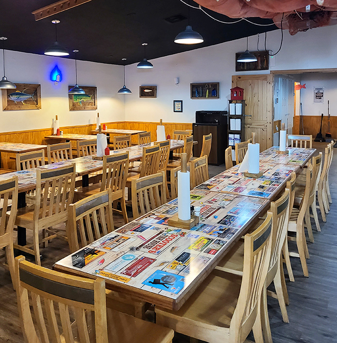 Long communal tables covered in local advertisements tell stories of area businesses&mdash;dining here connects you to the community one bite at a time.
