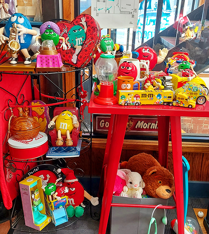 The M&M character collection isn't random—it's a playful nod to the diner's namesake that's grown into a whimsical conversation starter for waiting patrons.