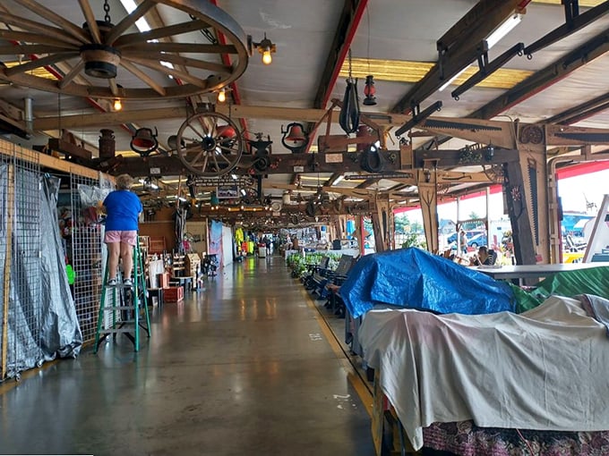 Wagon wheels and farm implements dangle from the ceiling like a museum of rural Americana that lets you take the exhibits home.