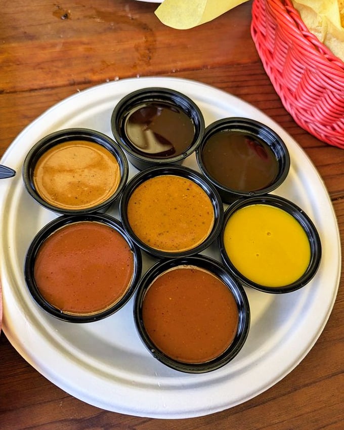 The sauce rainbow&mdash;where each color represents a different path to flavor nirvana. Choose your adventure wisely.