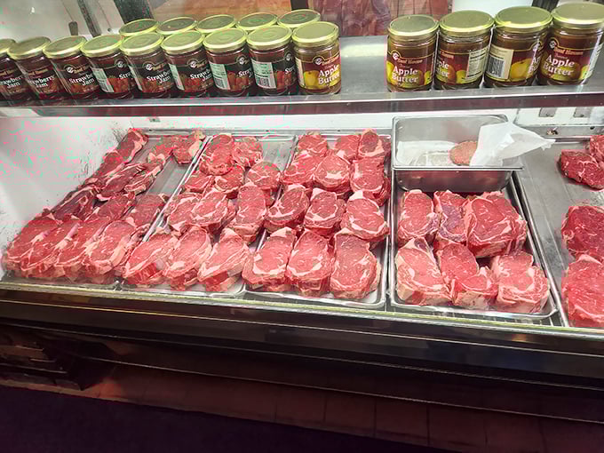Not so much a meat display as a shrine to marbling. These steaks aren't aged—they're wisened, like beefy philosophers awaiting their moment.