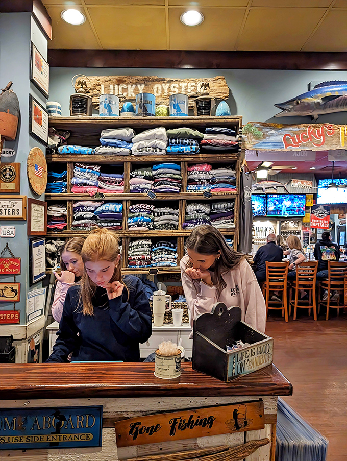 Their merchandise wall says, "Yes, you can take the Lucky Oyster experience home," though sadly not in doggy bag form.