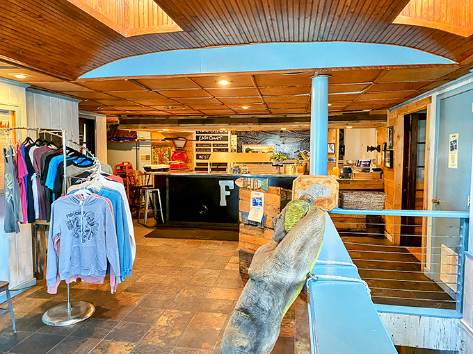 Even the retail corner captures that coastal vibe. Nothing says "I had a great meal" like a hoodie to remember it by.