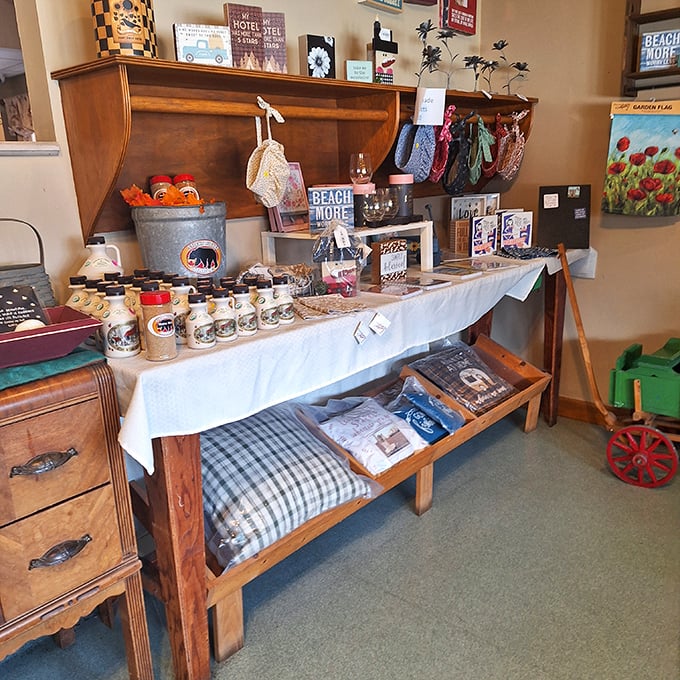 The gift shop corner says, "Yes, we know you want to take a piece of this place home with you." Local souvenirs that actually mean something.