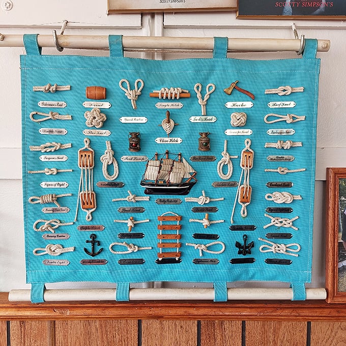 A sailor's art gallery of knots that reminds you great seafood comes from people who respect maritime traditions.