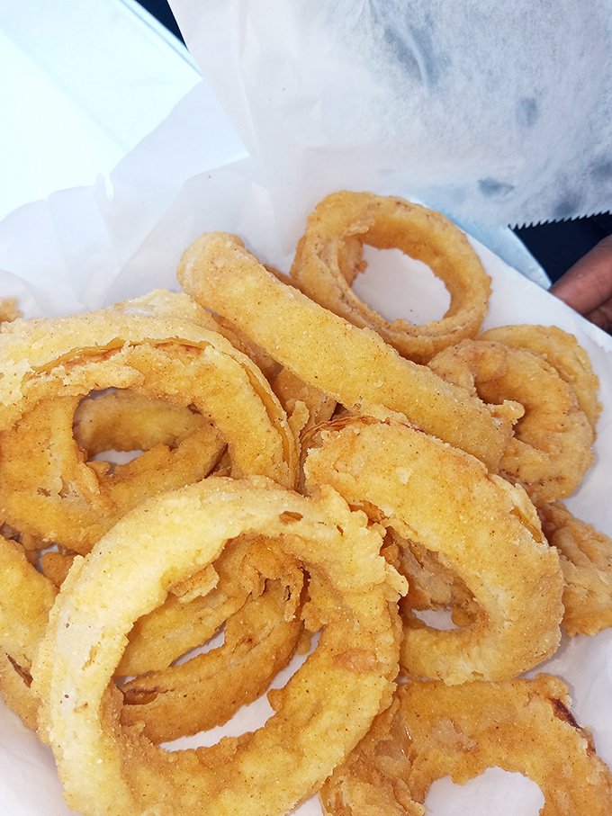 Onion rings with the architectural integrity of Olympic medals. Crispy, golden halos that make you wonder why onions ever appear in any other form.