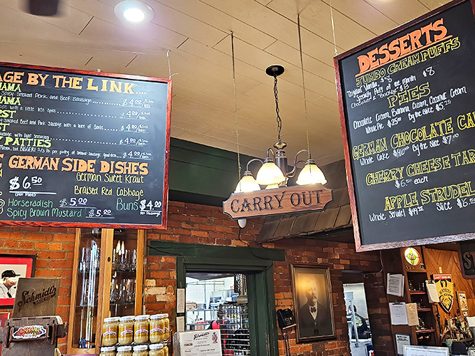 The chalkboard menu tempts with German specialties and desserts, making decision-making the hardest work you'll do all day.