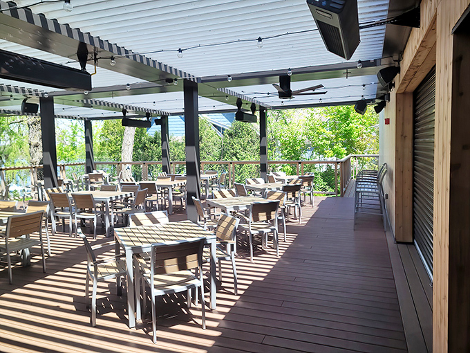 Summer in Wisconsin means dining al fresco, where dappled sunlight through the pergola turns an ordinary meal into a celebration of the season.
