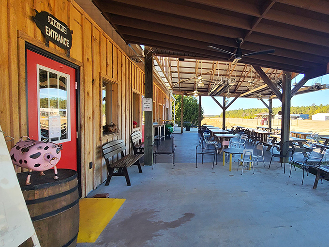 Step outside to the covered patio where the fresh air somehow makes the barbecue taste even better&mdash;if that's even possible.