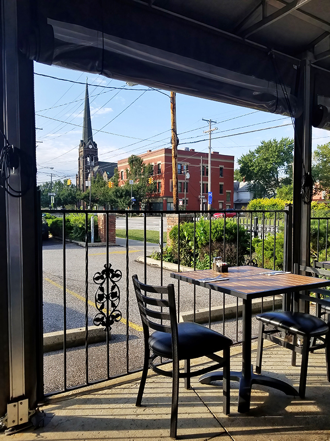 Outdoor seating with a view of Tremont's historic architecture&mdash;breakfast with a side of Cleveland charm.