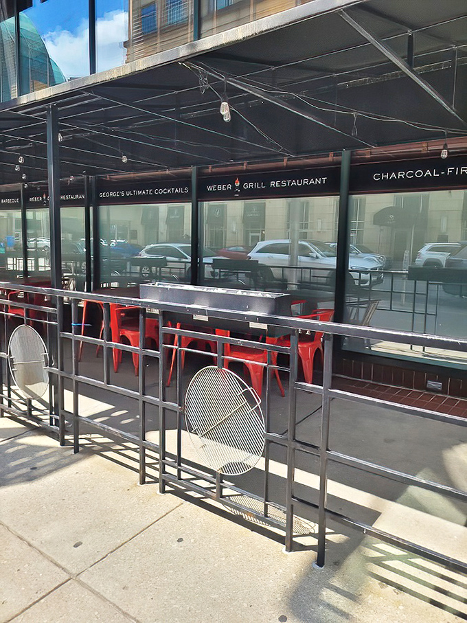 The outdoor seating area invites Indianapolis to dine al fresco, with the restaurant's name proudly displayed above like a promise of good things to come.