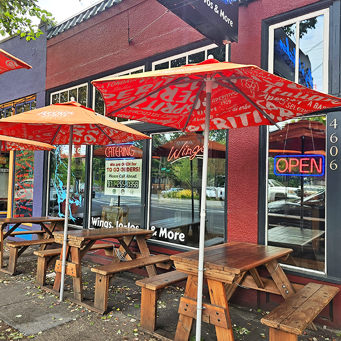 Sidewalk dining under vibrant umbrellas makes Big's a perfect fair-weather destination. The "OPEN" sign might be the most beautiful three words in Portland.