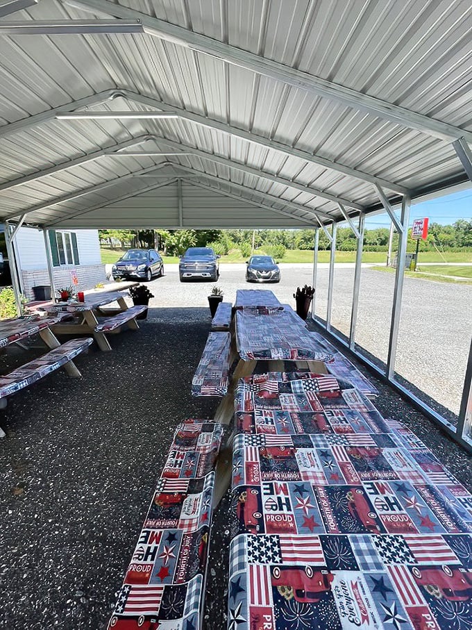Covered outdoor seating lets you enjoy your meal while soaking up Pennsylvania's countryside charm.
