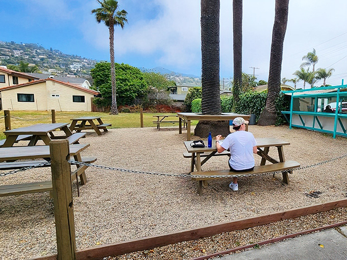 Sometimes paradise is just a picnic table under palm trees in Santa Barbara. The perfect outdoor setting for post-taco contemplation.