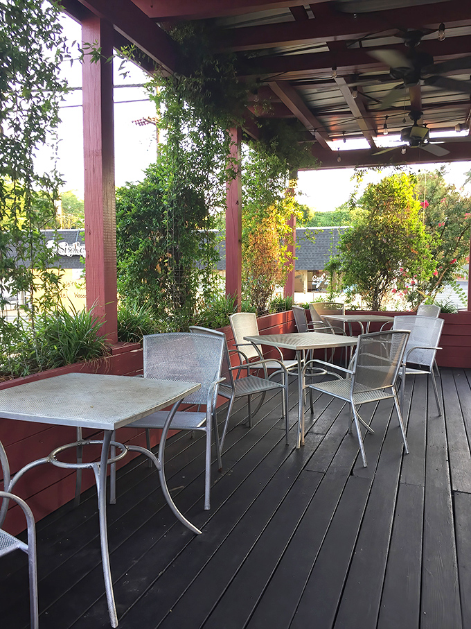 Nature meets nurture on this serene outdoor patio where climbing vines create a green canopy for your morning feast.