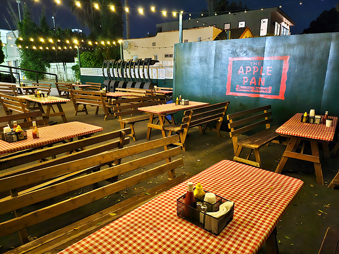 The outdoor seating area offers a modern twist on a classic experience. Same legendary burgers, just under the stars.