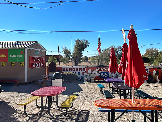 Al fresco dining, Route 66 style&mdash;where desert breezes carry the scent of burgers and the sound of passing motorcycles provides the soundtrack.
