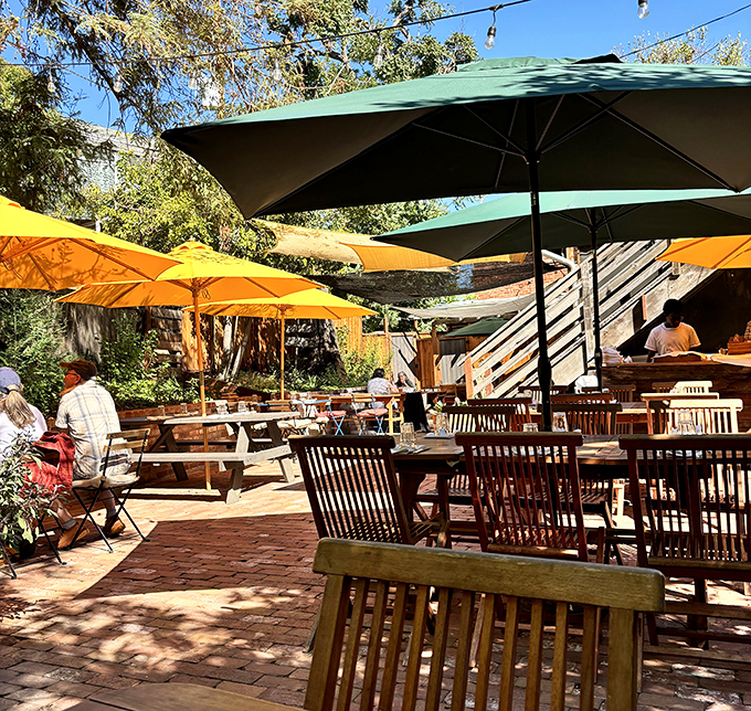 Outdoor dining under colorful umbrellas turns every meal into a California celebration moment. 
