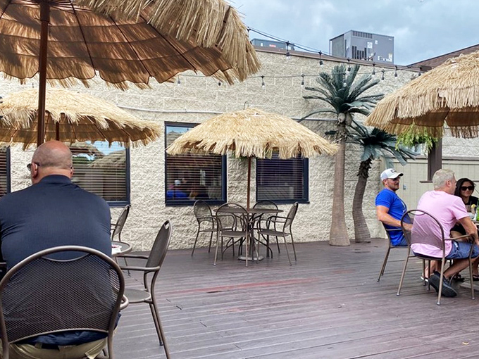 Summer evenings on the patio transport you to a tropical getaway, complete with thatched umbrellas and palm trees in Pennsylvania.