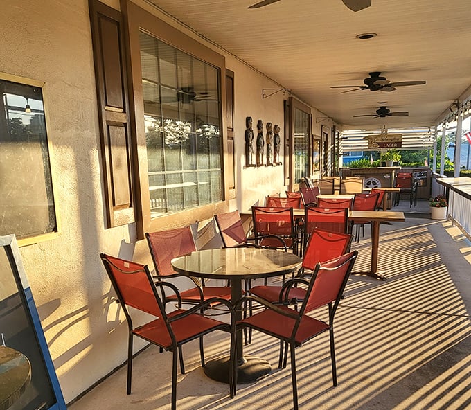 The outdoor patio offers al fresco dining with enough frontier charm to make you half-expect a stagecoach to roll by.