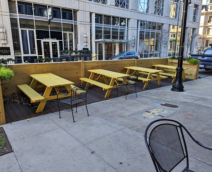 The outdoor seating area doesn't just offer fresh air&mdash;it provides front-row seats to downtown Raleigh's daily parade of humanity. 