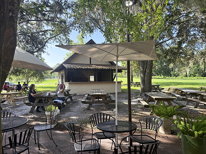 Outdoor seating under Florida oaks draped with Spanish moss—because schnitzel tastes better with a side of nature and a gentle breeze.