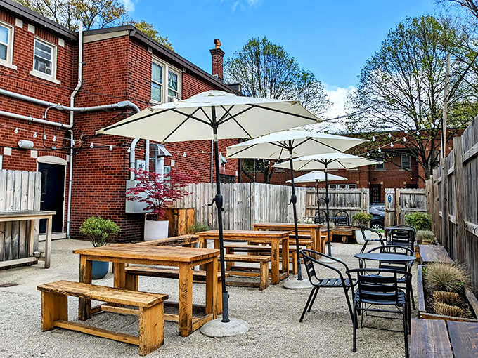Al fresco dining done right&mdash;rustic wooden tables under market umbrellas create an urban oasis for your breakfast sandwich rendezvous.