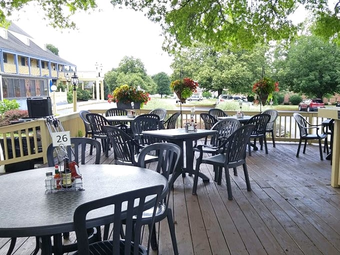 The outdoor deck offers fresh air with your fresh food. Those hanging baskets add a touch of color that even the most beautiful plate can't match.