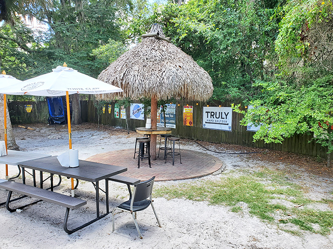 The outdoor seating area offers a moment of tranquility before diving into the seafood treasures awaiting inside.