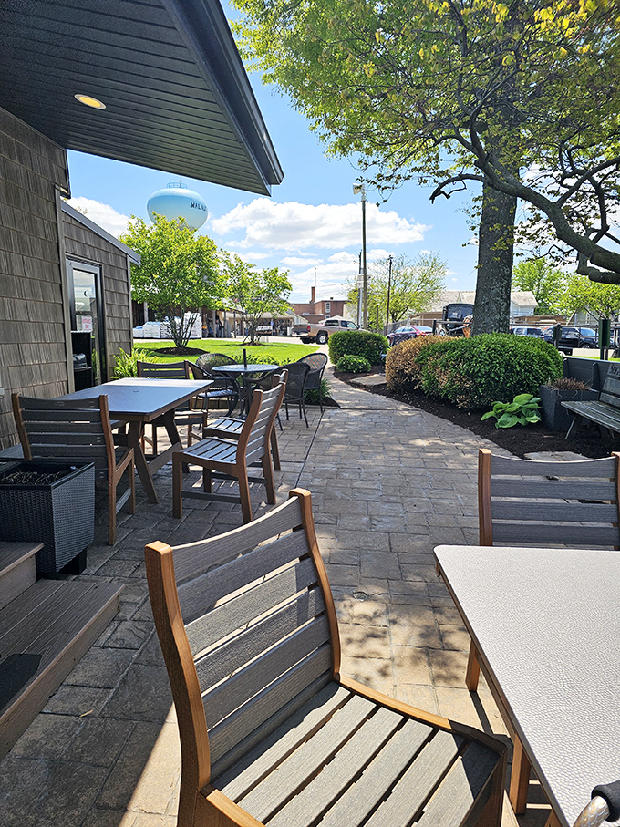 Outdoor seating that captures the essence of Ohio's countryside charm. Even the chairs look like they're having a good time.
