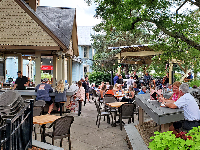 Summer evenings reach peak Ohio perfection on this patio, where string lights, cold drinks, and live music create memories that last through winter's grip.