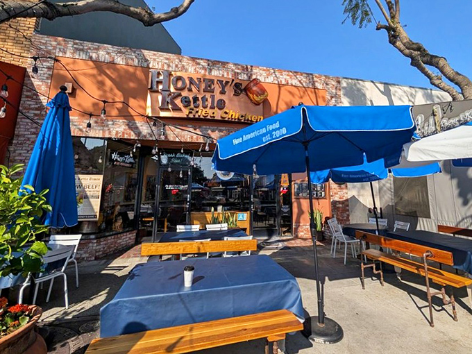 Al fresco dining under California blue skies and cheerful umbrellas. The perfect setting for that moment when crispy chicken meets fresh air.