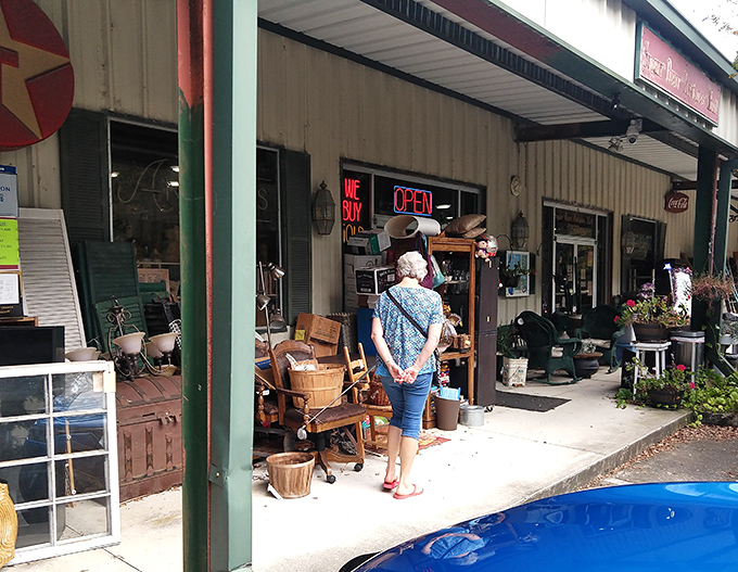 The front porch serves as an appetizer for the main course inside. Those wooden chairs have probably heard more stories than a bartender.