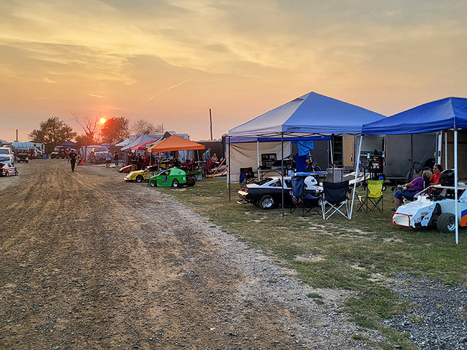 Sunset at the Motosports park transforms an ordinary field into a golden-hued gathering of kindred spirits united by their love of engines and speed.