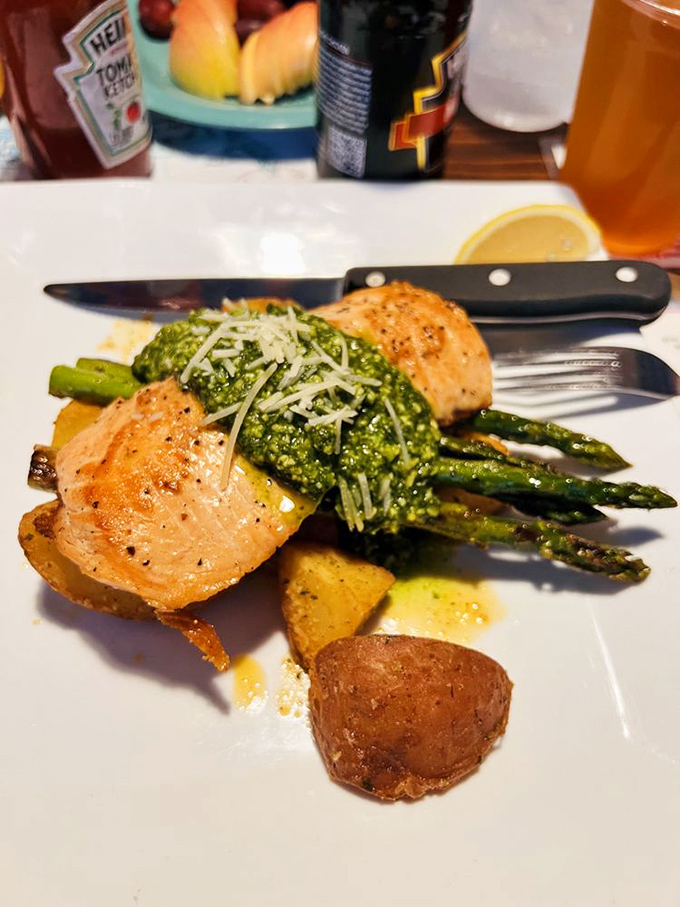 Salmon that didn't just get seared&mdash;it got pampered. Resting on a bed of pesto with asparagus spears standing at attention like tasty green soldiers.