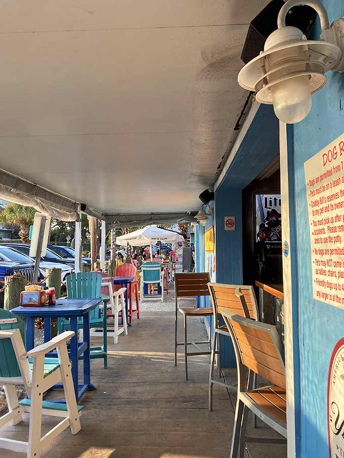 The patio offers that perfect Florida dining equation: fresh air + colorful seating + proximity to seafood = vacation mode activated.
