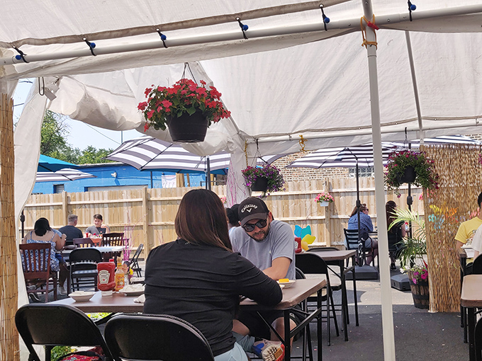 The outdoor patio offers a breath of fresh air with your breakfast, proving that pancakes taste even better when enjoyed under Chicago's summer sky.