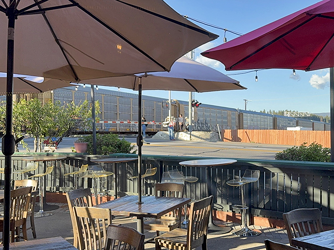 Outdoor dining with a side of train-watching. Those mountains in the background aren't just scenery&mdash;they're a reminder of why Truckee is special.