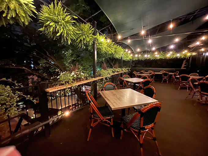 The patio at night transforms into an enchanted garden where string lights compete with stars and conversation flows like wine.