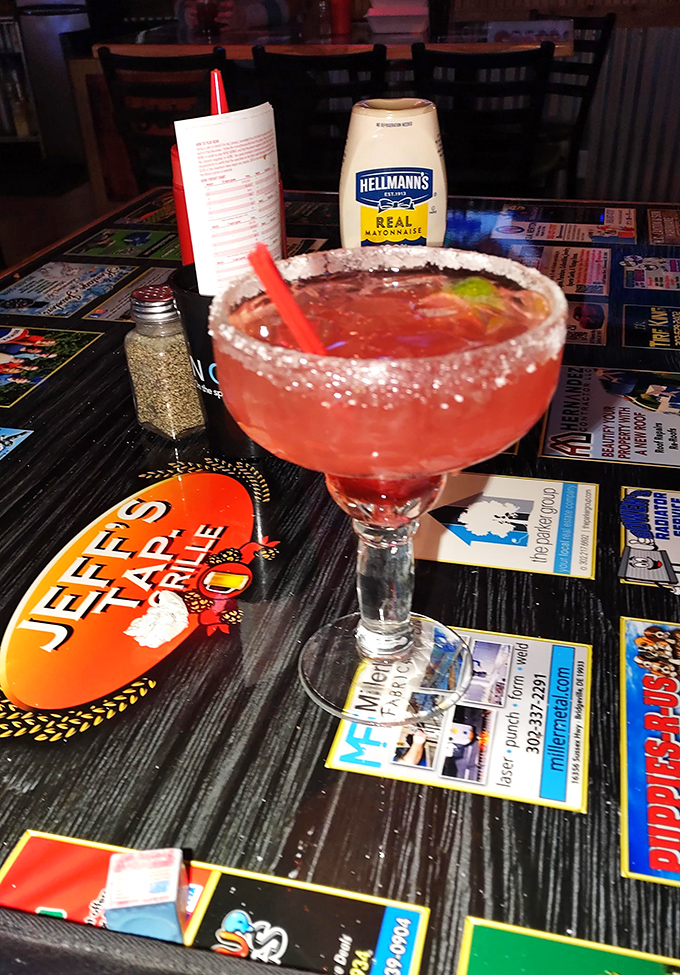 That salt-rimmed margarita isn't just a drink&mdash;it's a vacation in a glass. Table decor suggests you're in a taproom, but your taste buds are on a beach.