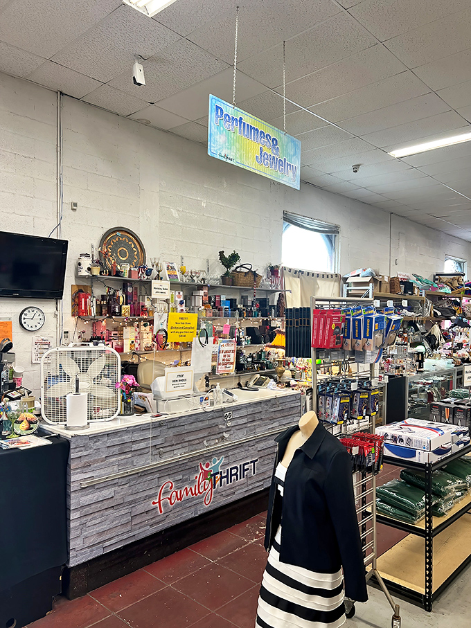 The perfume and jewelry counter gleams with potential, where vintage scents and sparkles await their chance to accessorize new adventures.