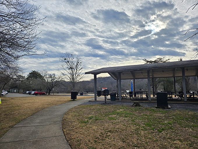 Even picnic shelters get the blues sometimes. This one waits patiently for spring gatherings under a moody Georgia sky.