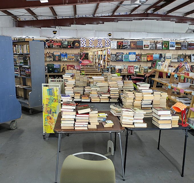 Mountains of rescued books await sorting and shelving. Each pile represents thousands of stories saved from oblivion. 