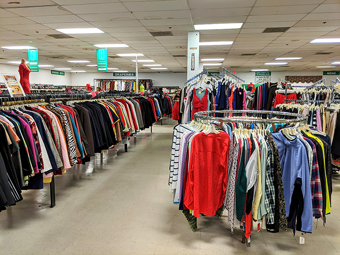 Organization is key in the clothing department, with clear signage guiding shoppers through the fashion labyrinth. The thrill of the hunt simplified.