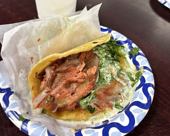 Crispy-edged pork nestled in warm tortilla with fresh garnishes &ndash; simplicity elevated to art form. 