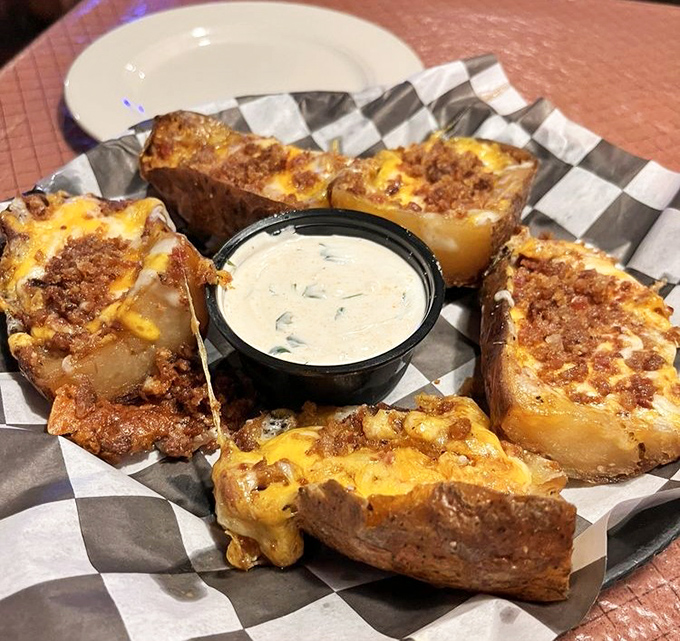 Potato skins that make a compelling argument for potatoes being the perfect food. Crispy, cheesy, and utterly irresistible.
