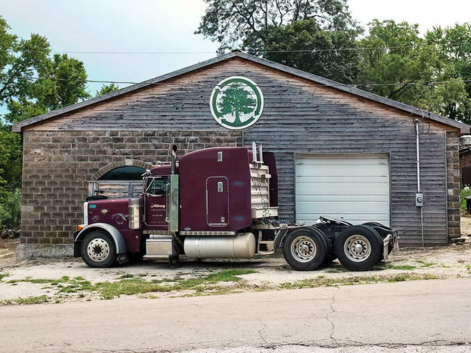 This weathered wooden building with its burgundy truck parked outside is a snapshot of working America that Instagram filters can't improve upon.