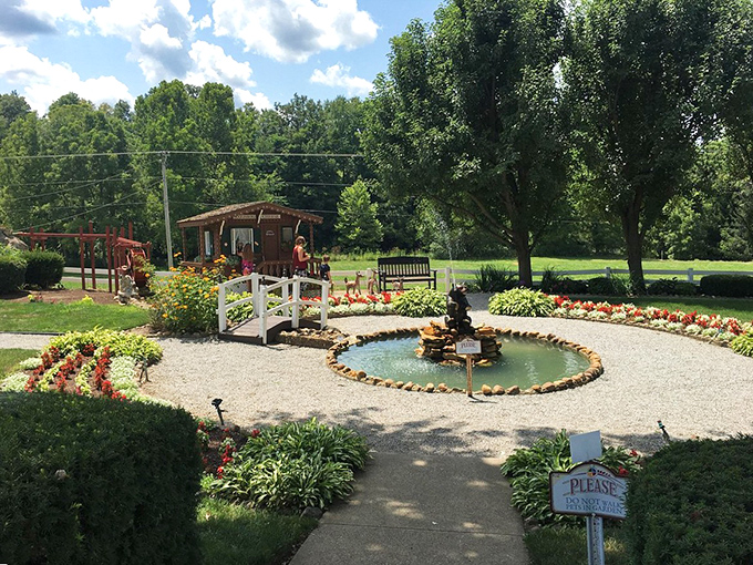 A perfectly manicured garden pond invites moments of reflection between shopping expeditions and pie-eating adventures.