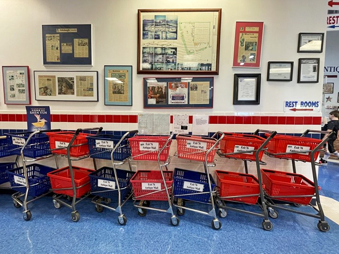 Shopping carts await your treasure-hunting expedition. Red or blue&mdash;choose your antiquing adventure vehicle wisely!